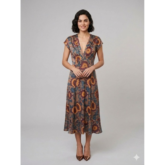 Jigsaw | Dresses | Jigsaw Womens 0 Silk Floral Midi Dress Brown Vneck ...